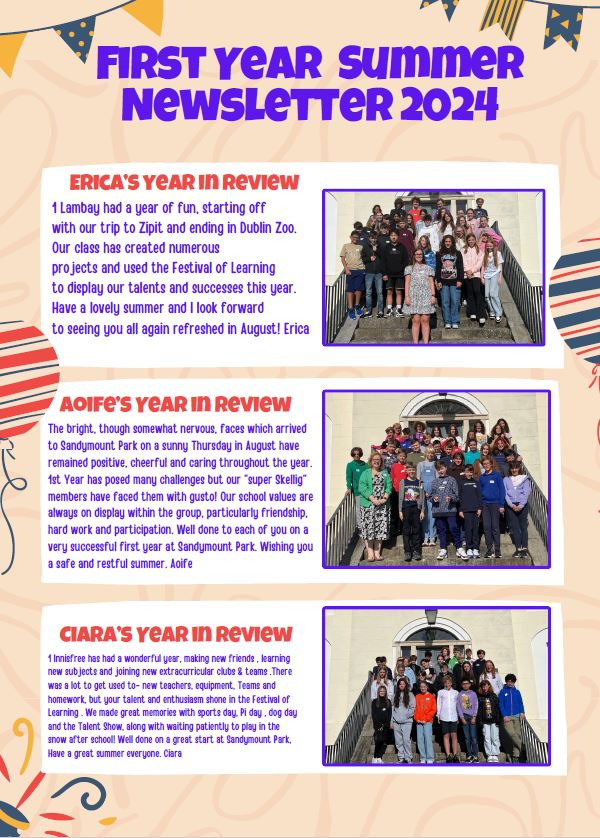 First Year Summer Newsletter – Sandymount Park ETSS
